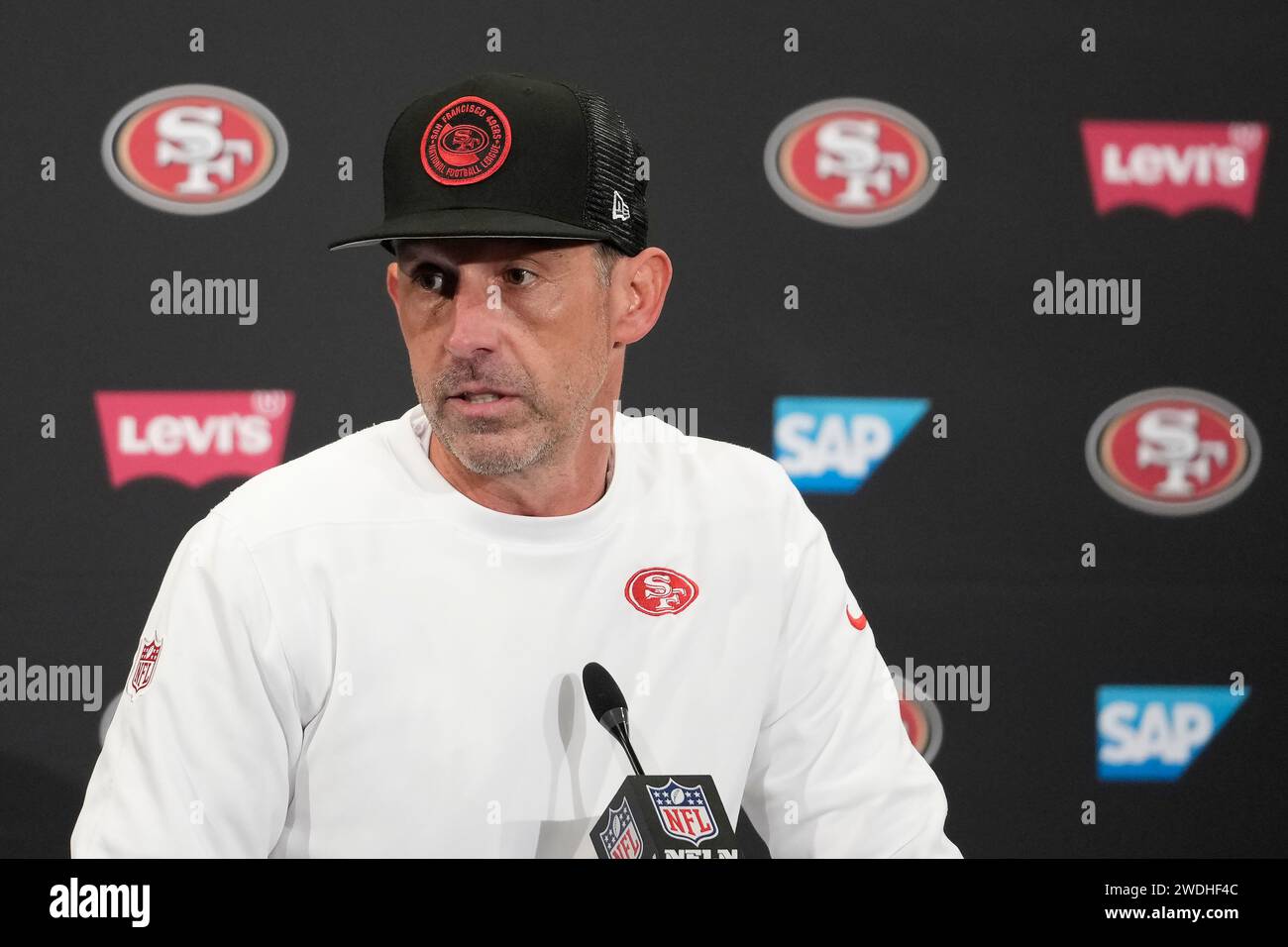 San Francisco 49ers head coach Kyle Shanahan speaks at a news ...