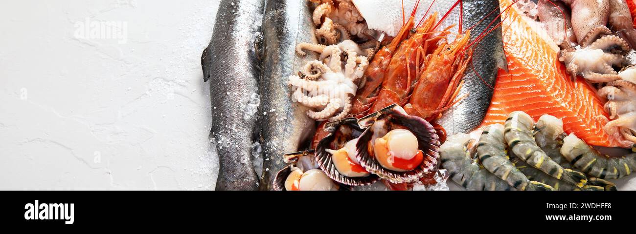 Assortment of fresh raw fish and seafood. Healthy and balanced diet or ...