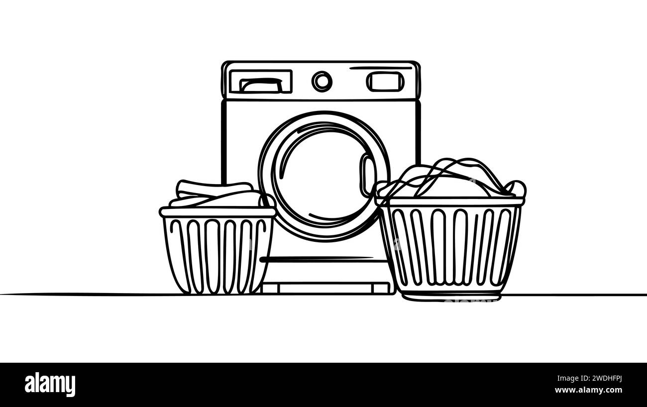 Washing machine with laundry basket in continuous line drawing style ...