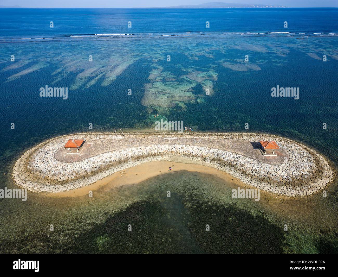 Aerial view of the offshore gazebo and protective fringing coral reef ...