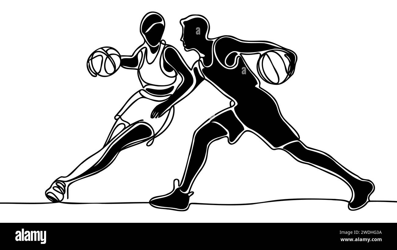 Continuous Line Drawing of Basketball Player on white background Stock ...