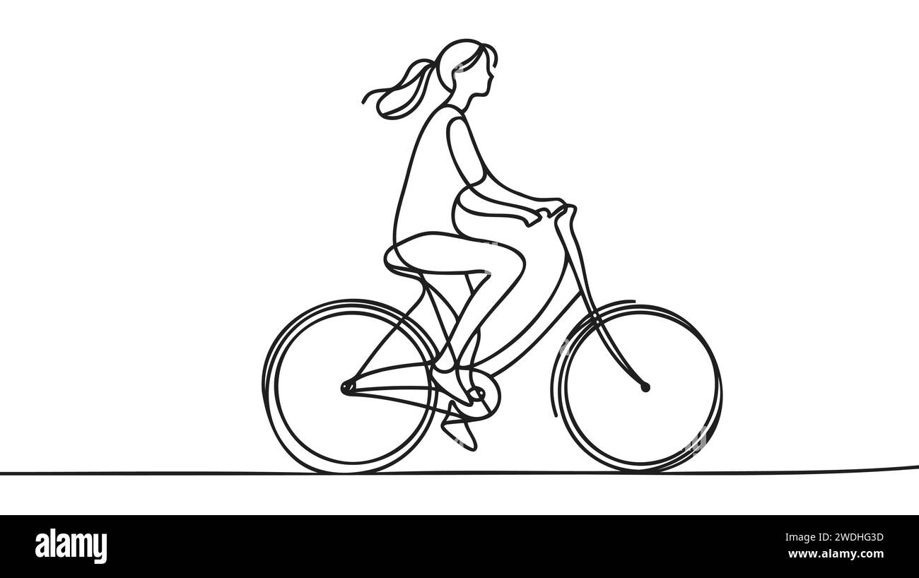 Continuous one line drawing woman girl on a bicycle. One continuous line drawing of a girl ...
