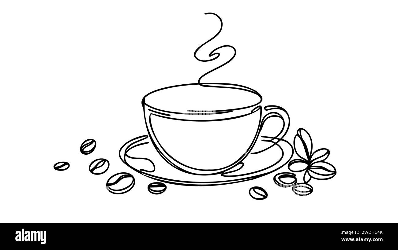 Single continuous line drawing of a cup of coffee drink with coffee ...