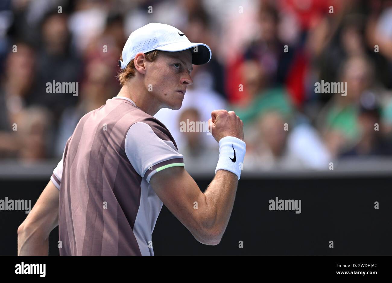 Melbourne, Australia. 21st Jan, 2024. Jannik Sinner of Italy reacts during his 4th round match ...