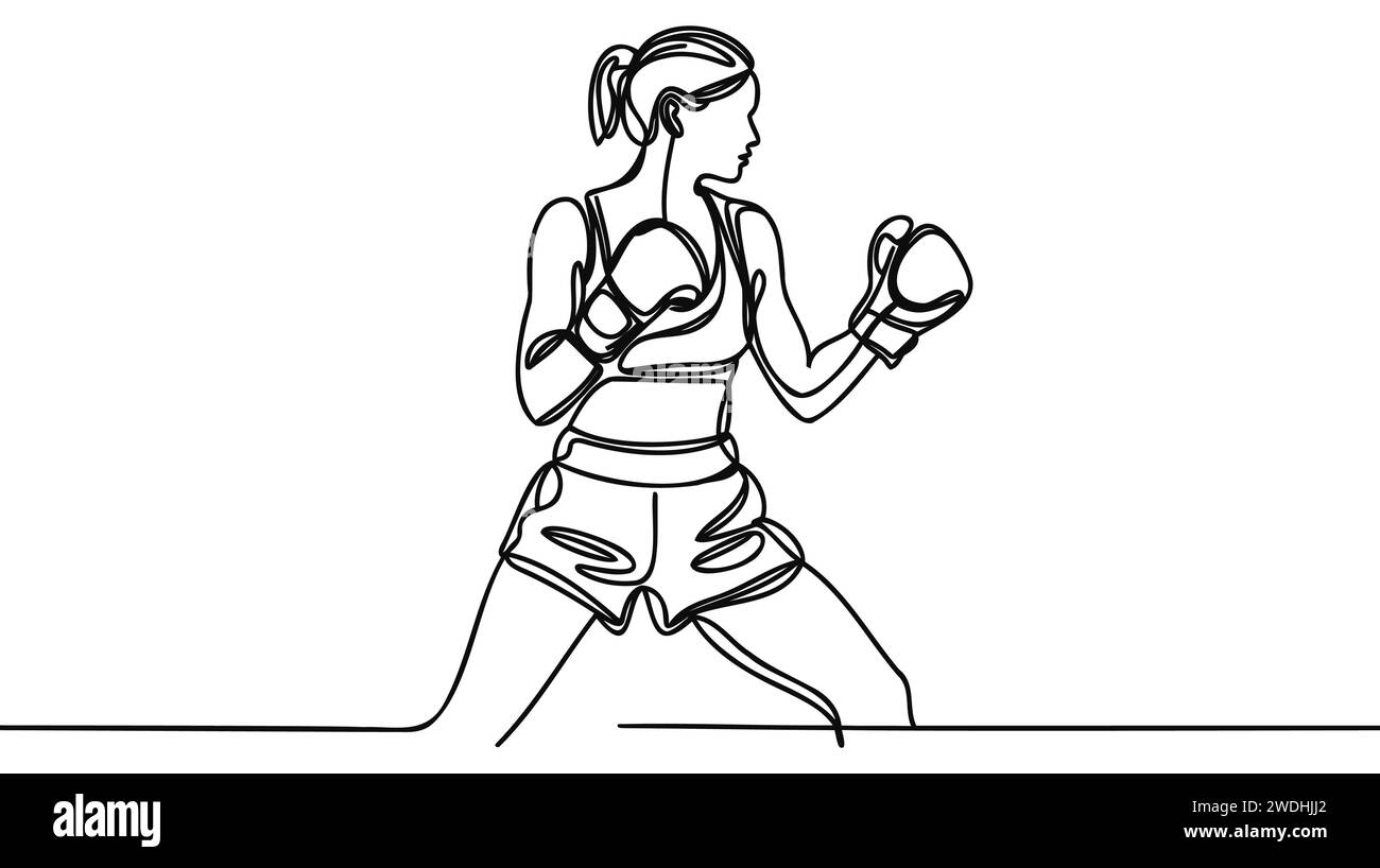 Sporty woman boxer. One line art. Boxer or fighter make a beat punch ...