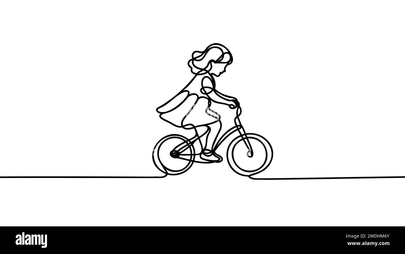 Continuous One Line Drawing Woman Girl On A Bicycle One Continuous