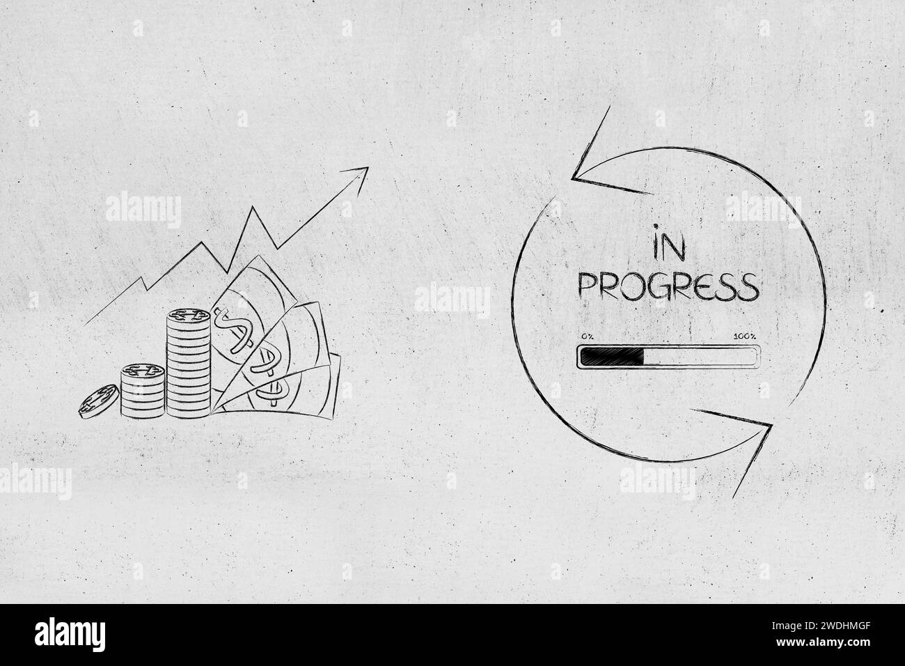 increasing profits or savings, cash icon next to In Progress icon with ...