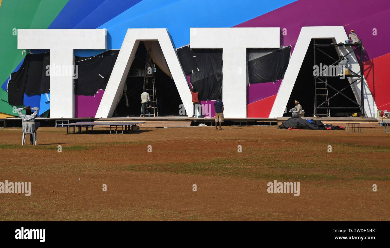 Mumbai, India. 20th Jan, 2024. Workers are seen working near a Tata ...