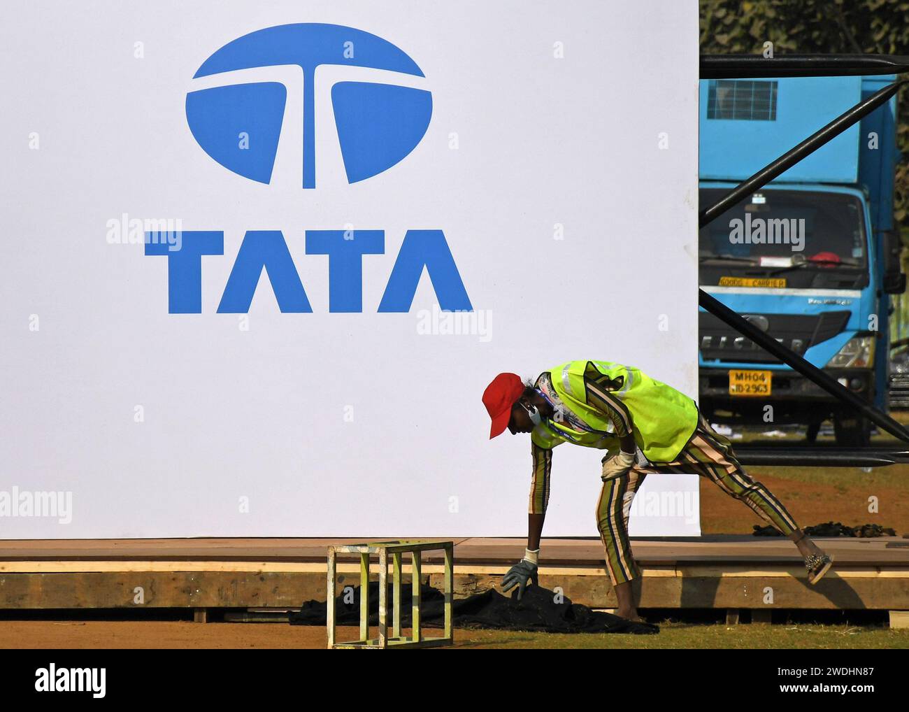 Mumbai, India. 20th Jan, 2024. A worker seen cleaning near the Tata ...
