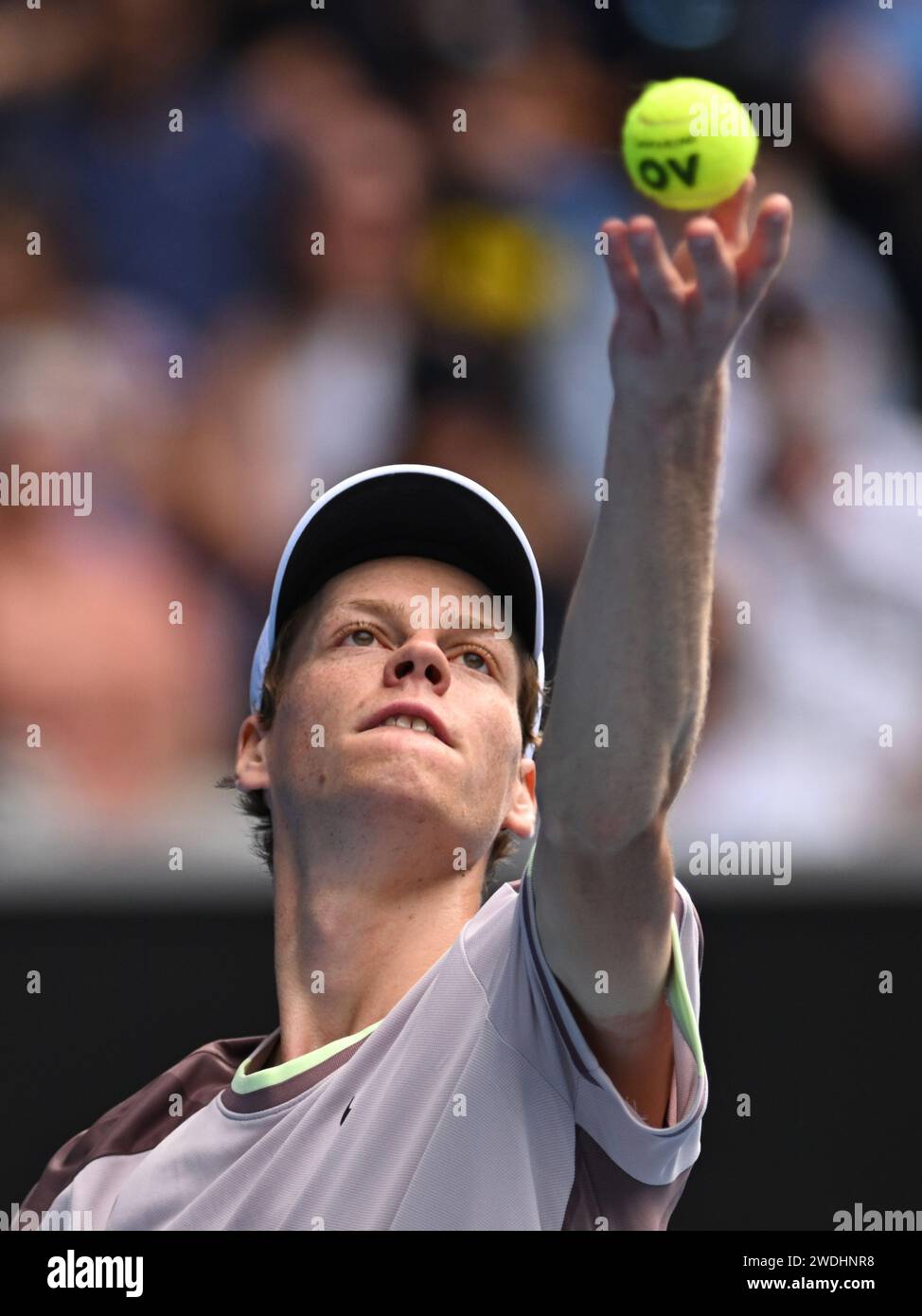 Melbourne, Australia. 21st Jan, 2024. Jannik Sinner of Italy prepares to serve during his 4th ...