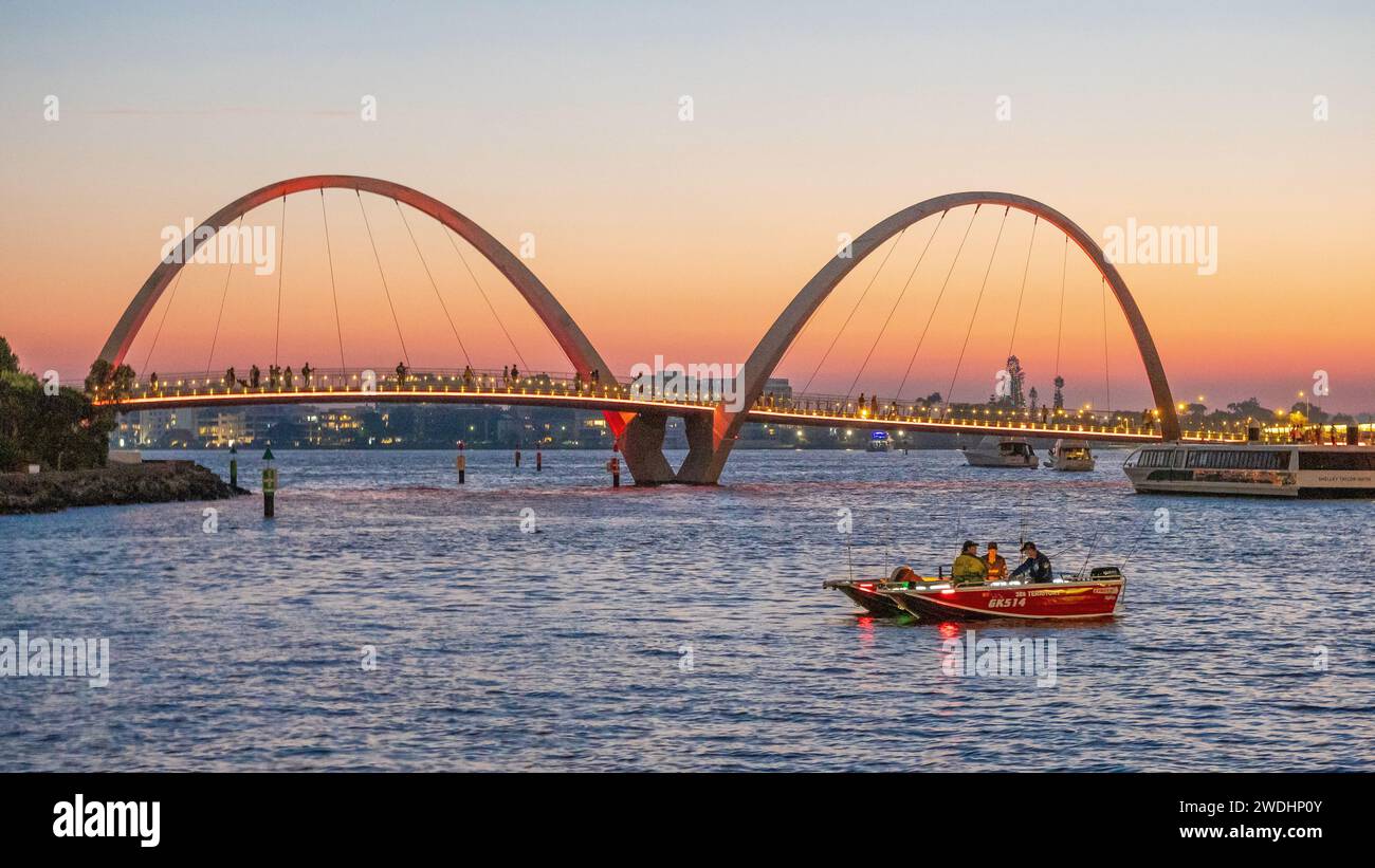 People watching the sunset at Elizabeth Quay Bridge in Perth, the ...