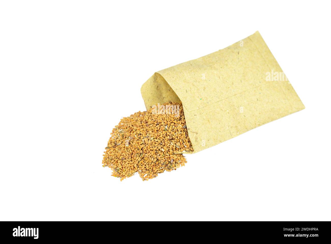 Fenugreek kasuri methi seeds spill out from a packet on white ...
