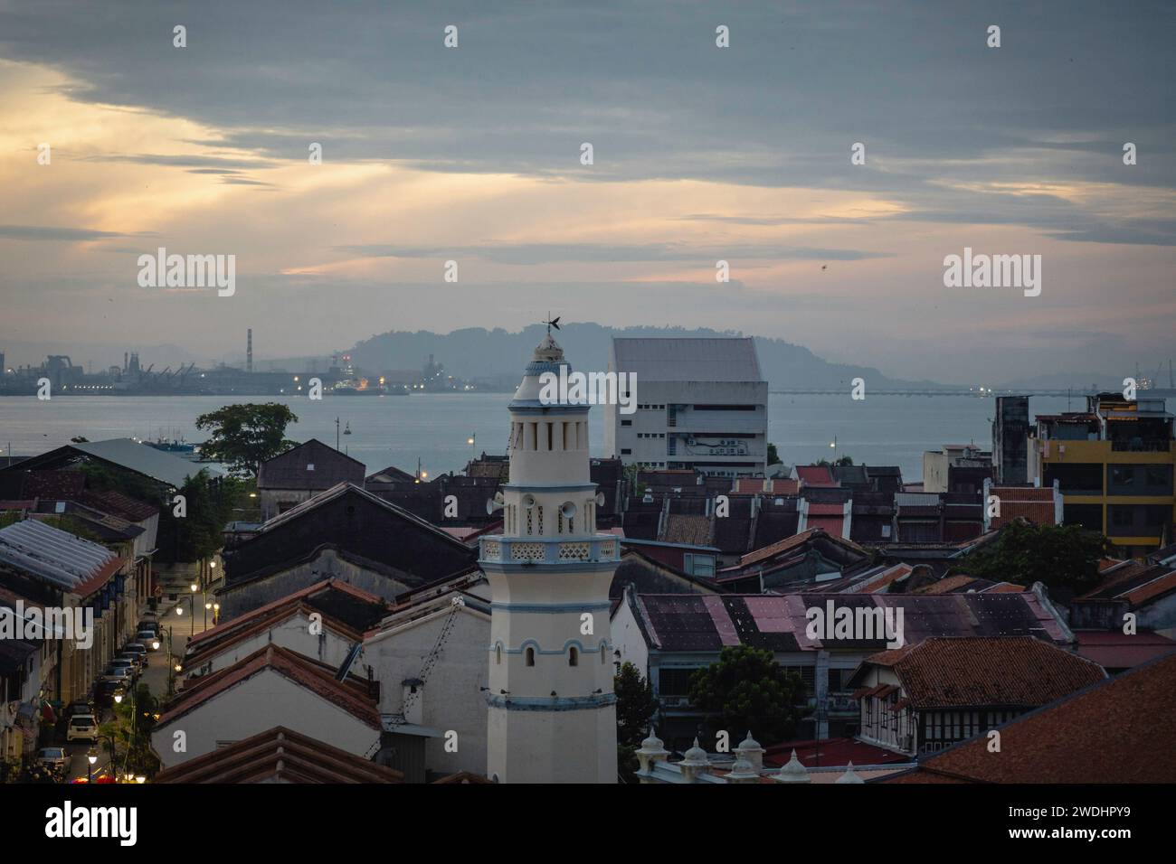 Penang, Malaysia. 17th Jan, 2024. An aerial view at sunrise time of ...