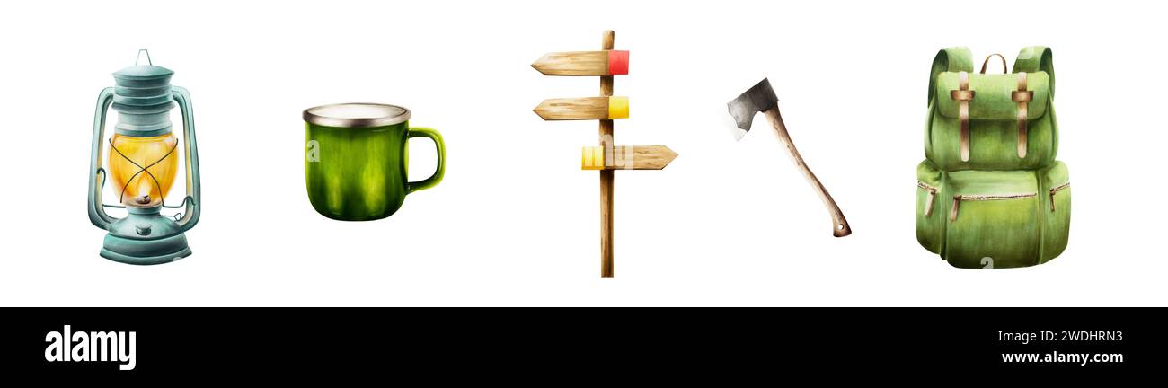 Watercolor wooden sign illlustration with hiking, camping backpack ...