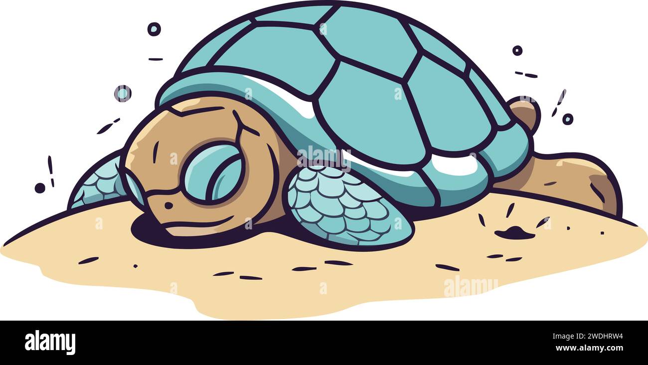 Cartoon turtle on the sand. Vector illustration in doodle style Stock ...