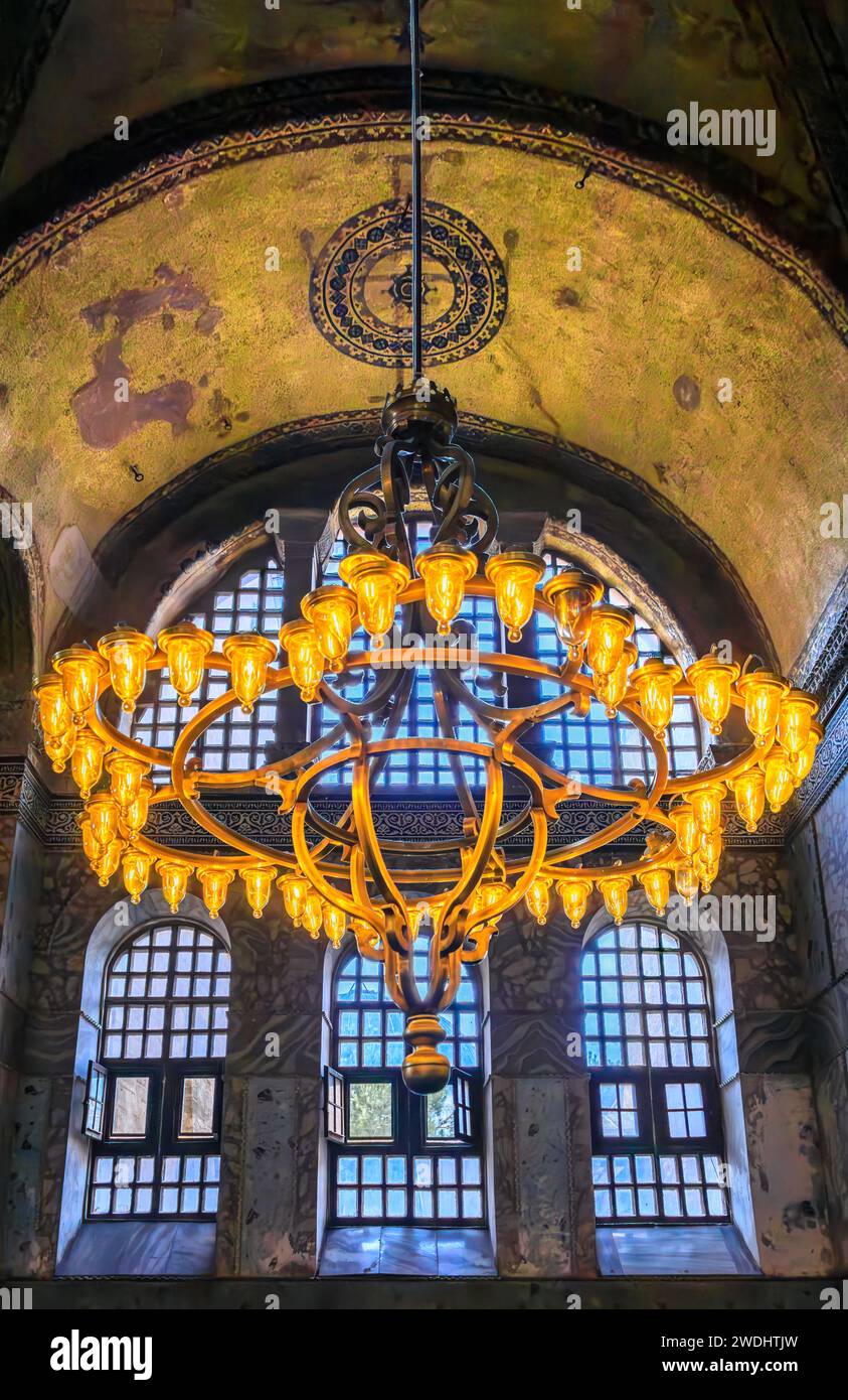 Istanbul, Turkey - November 8, 2023: Ornate stained glass windows in the Hagia Sophia Grand ...