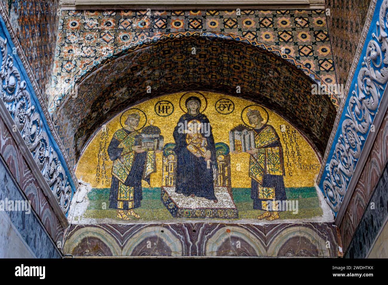 Istanbul, Turkey - November 8, 2023: Ornate goldleaf mosaic of Virgin Mary, Jesus, Constantine ...