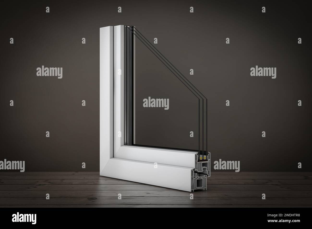 The Cut of Detailed Window PVC Profile on a wooden table. 3d Rendering ...