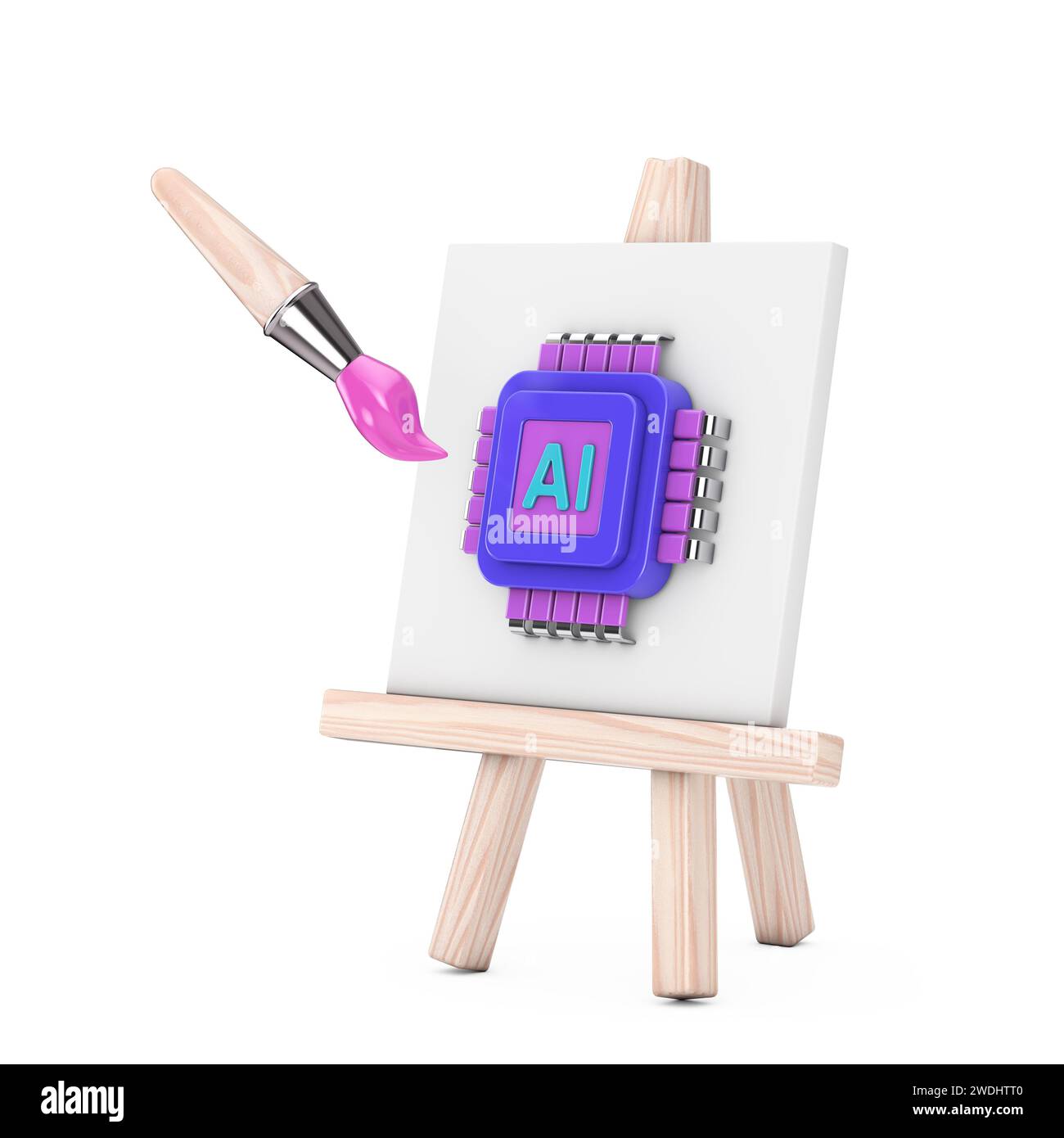 Cartoon Artist Paintbrush with Easel and AI Powered Microchip CPU Processor Web Icon on a white ...