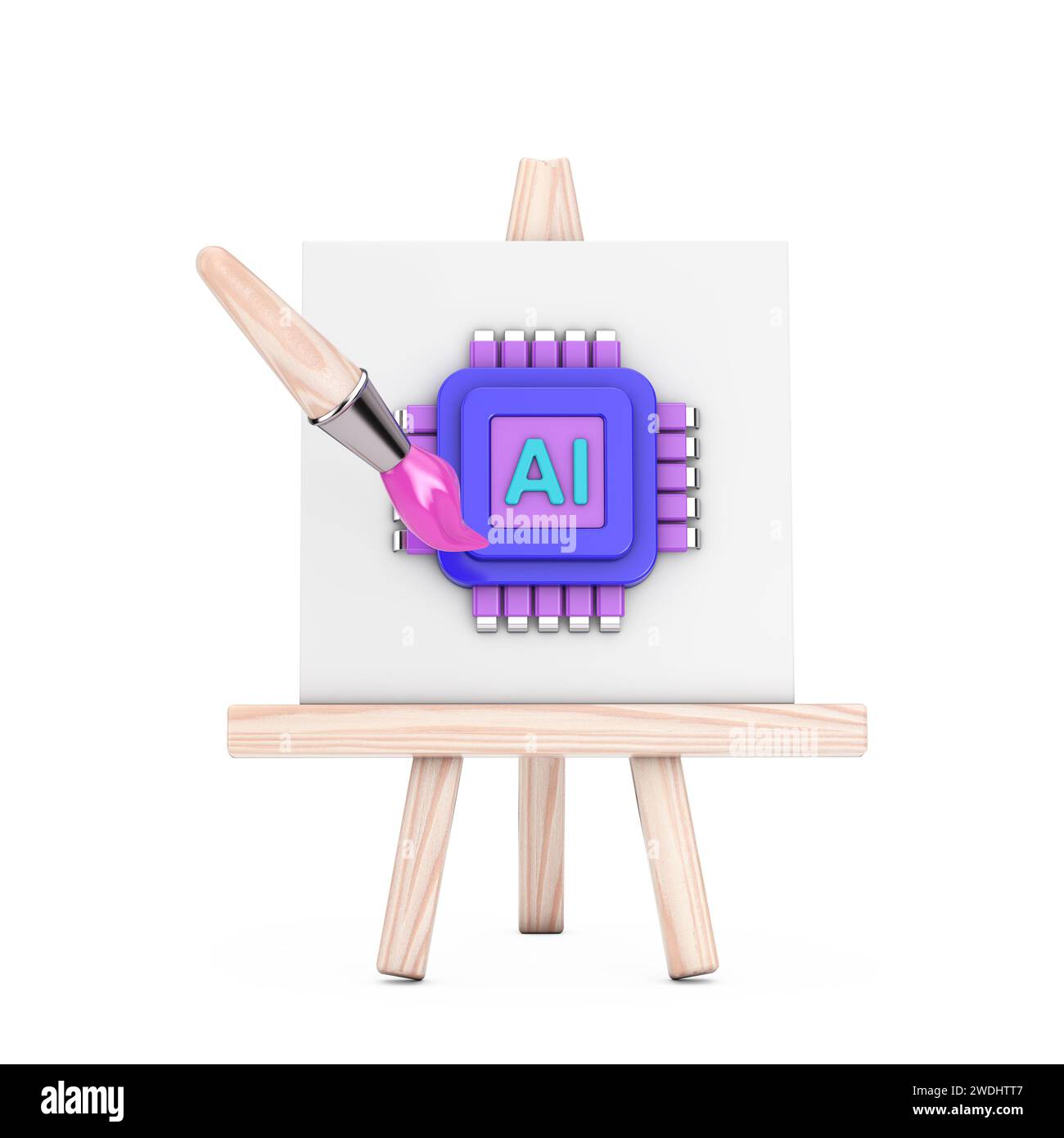 Cartoon Artist Paintbrush with Easel and AI Powered Microchip CPU Processor Web Icon on a white ...