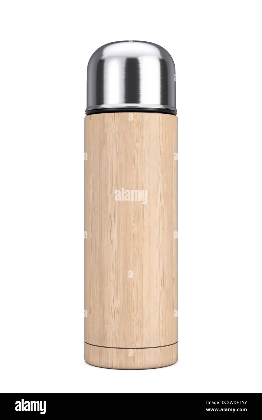 Wooden Case Thermos with Silver Metaic Lid Isolated on a white ...