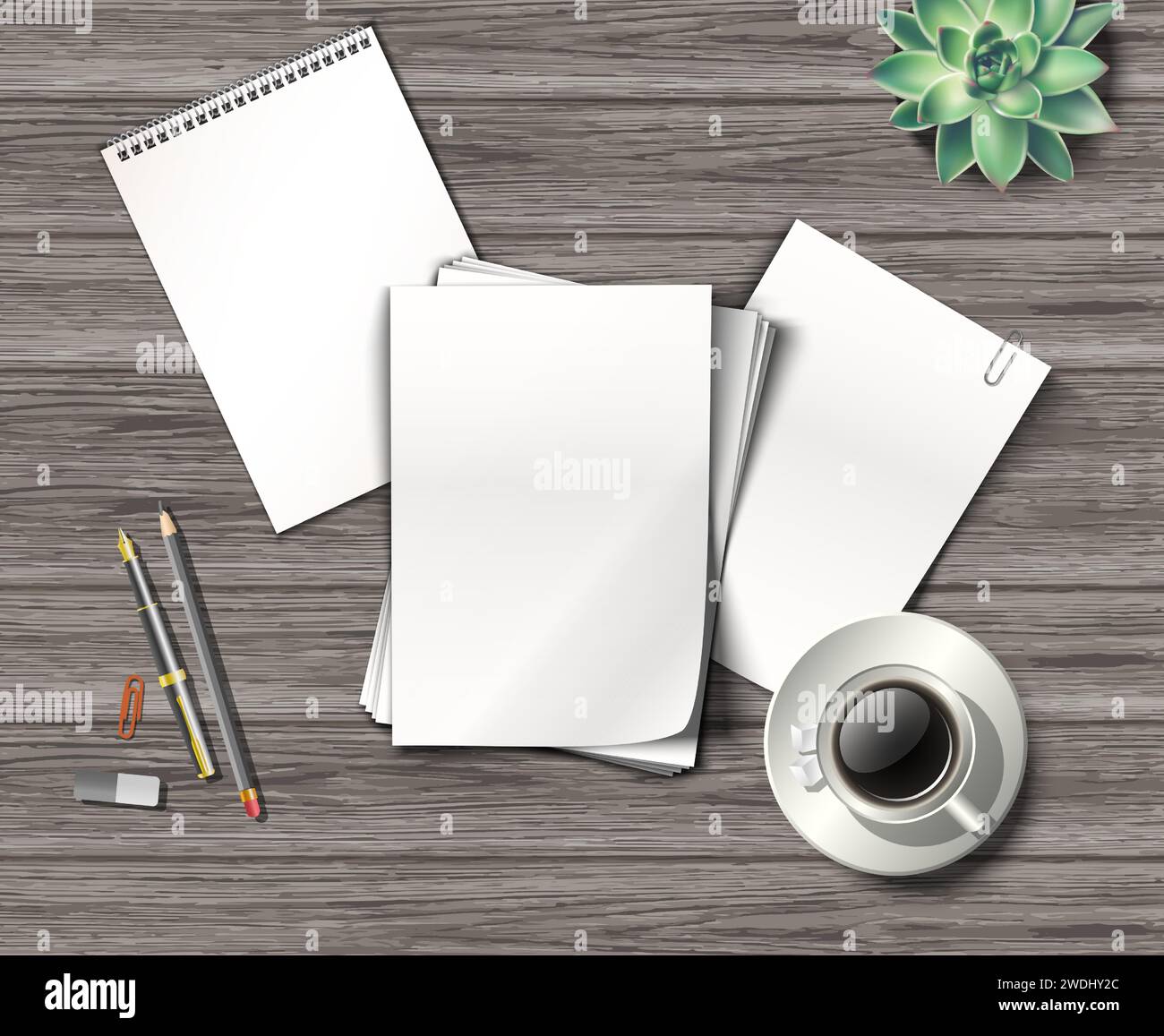 realistic illustration. Top view working space table with black paper ...