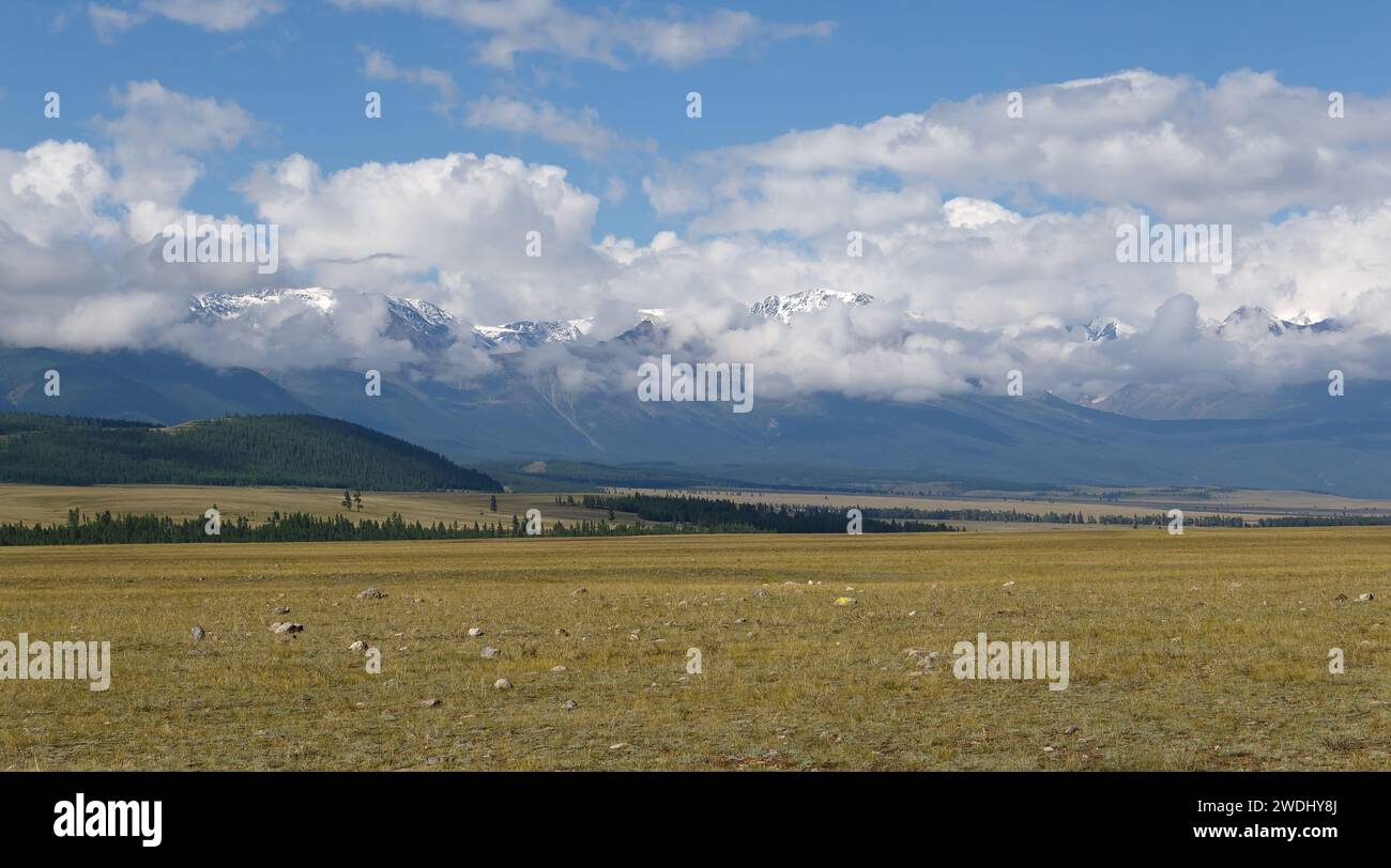 Landscape with a view of the Kurai steppe and the North Chuya ridge in ...