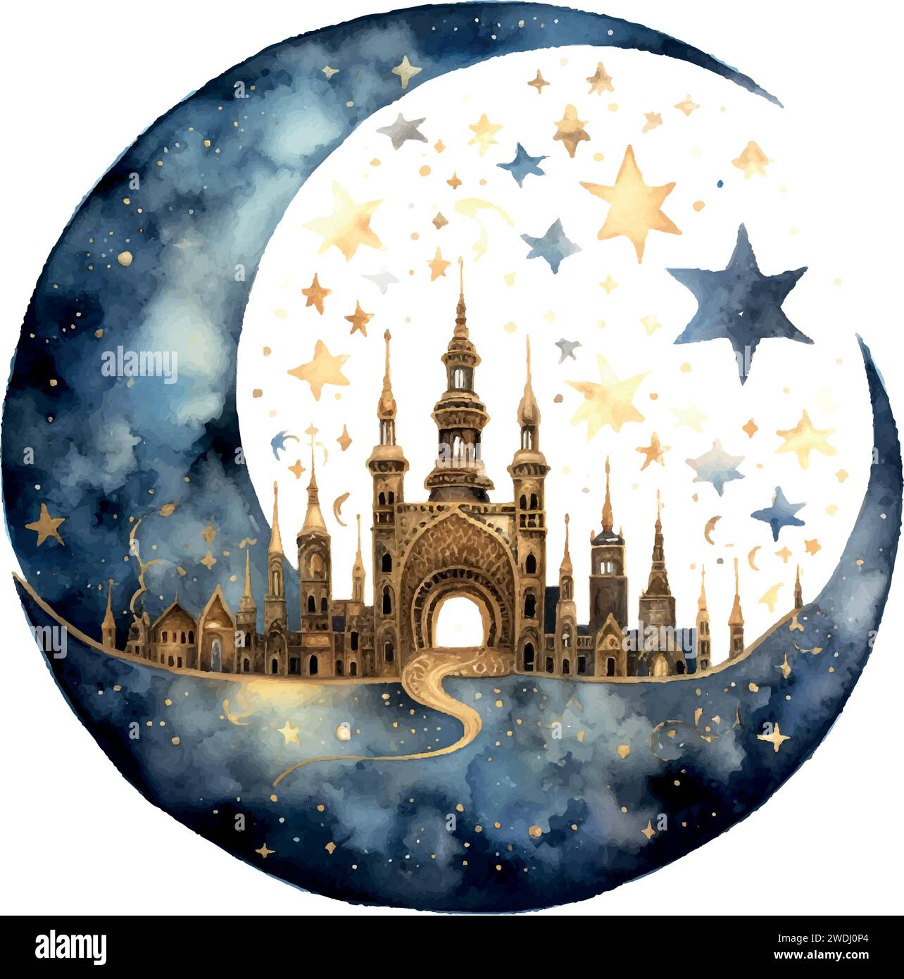 Ramadan crescent moon watercolor illustration on white Stock Vector ...