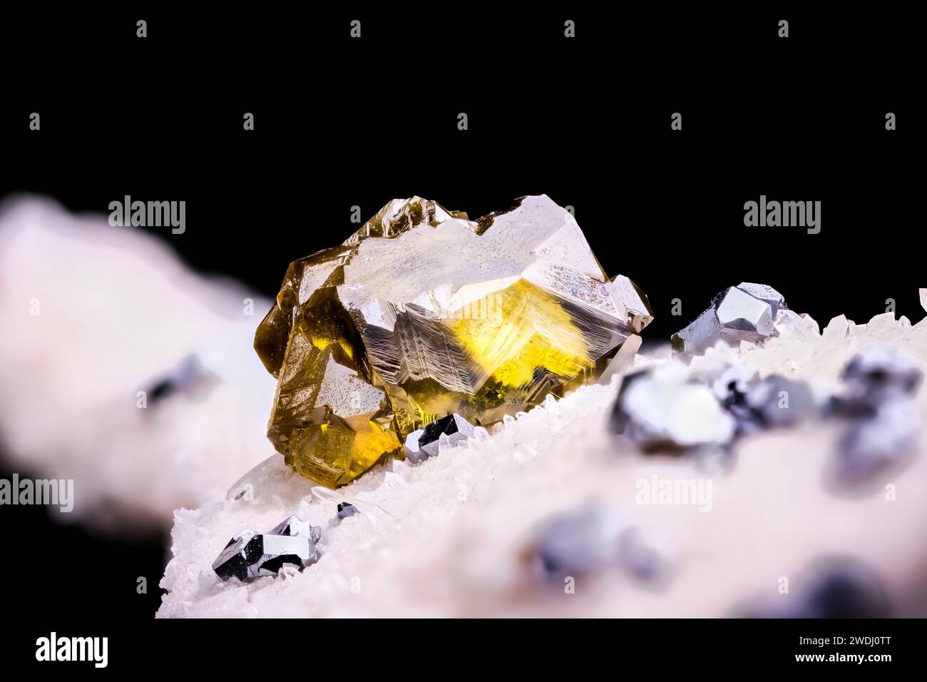 yellow gemmy sphalerite with galena on white dolomite (Krushev Dol mine ...