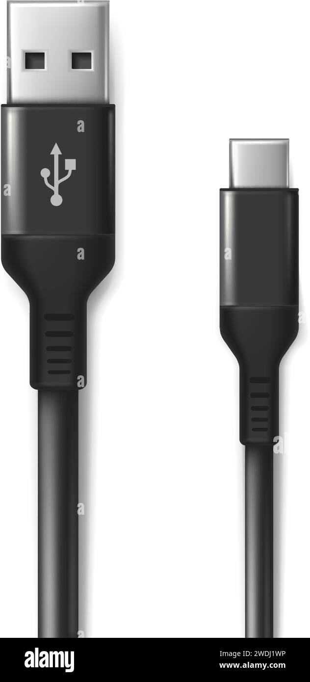 realistic vector icon. Black USB cabel. Isolated on white background ...