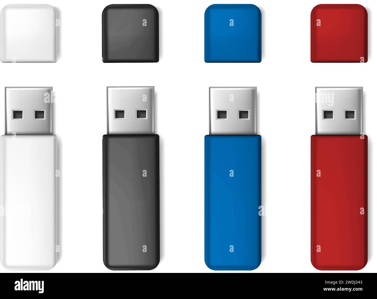 realistic vector icon set. White, blue, red and black usb flash drive ...