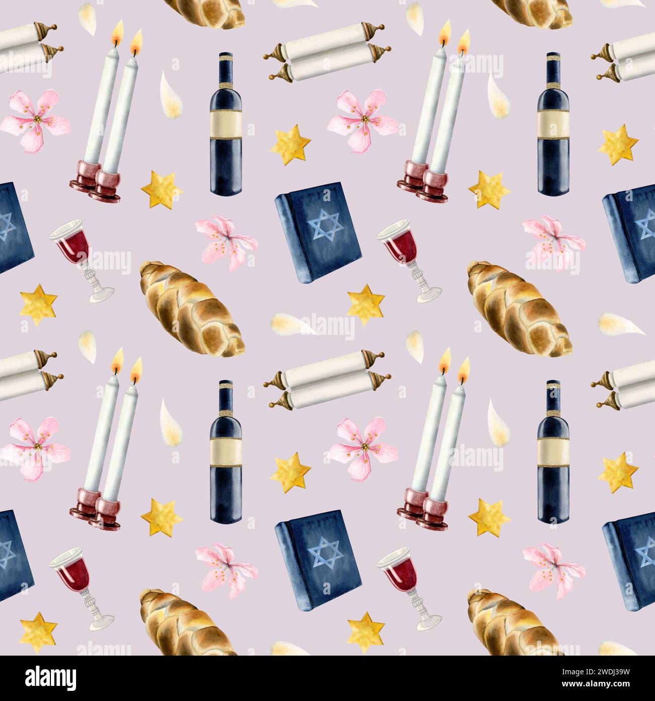 Dust pink Shabbat symbols watercolor seamless pattern for meeting of ...