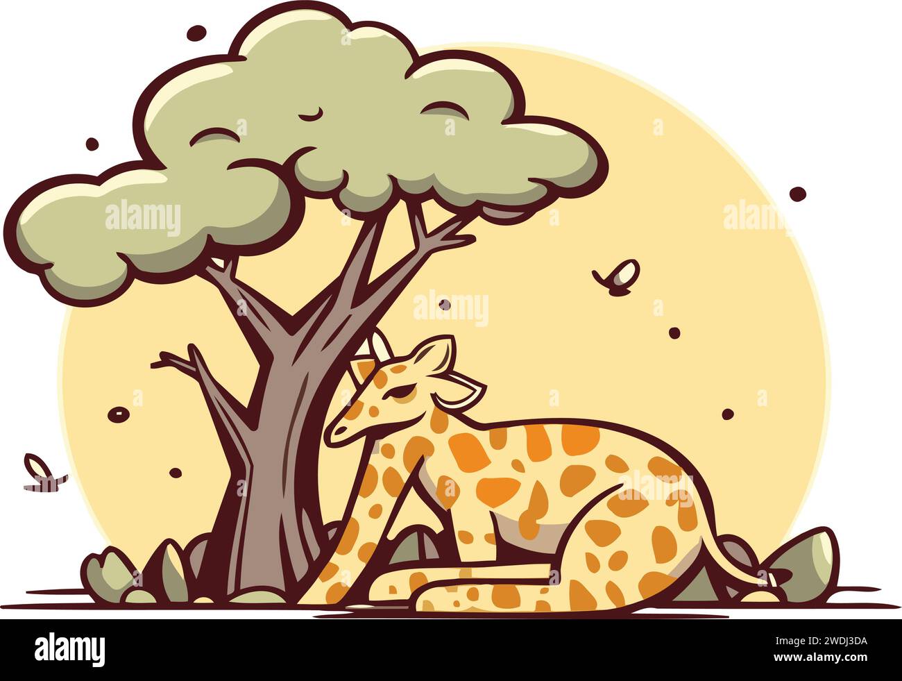 Cartoon giraffe on the background of a big tree. Vector illustration ...