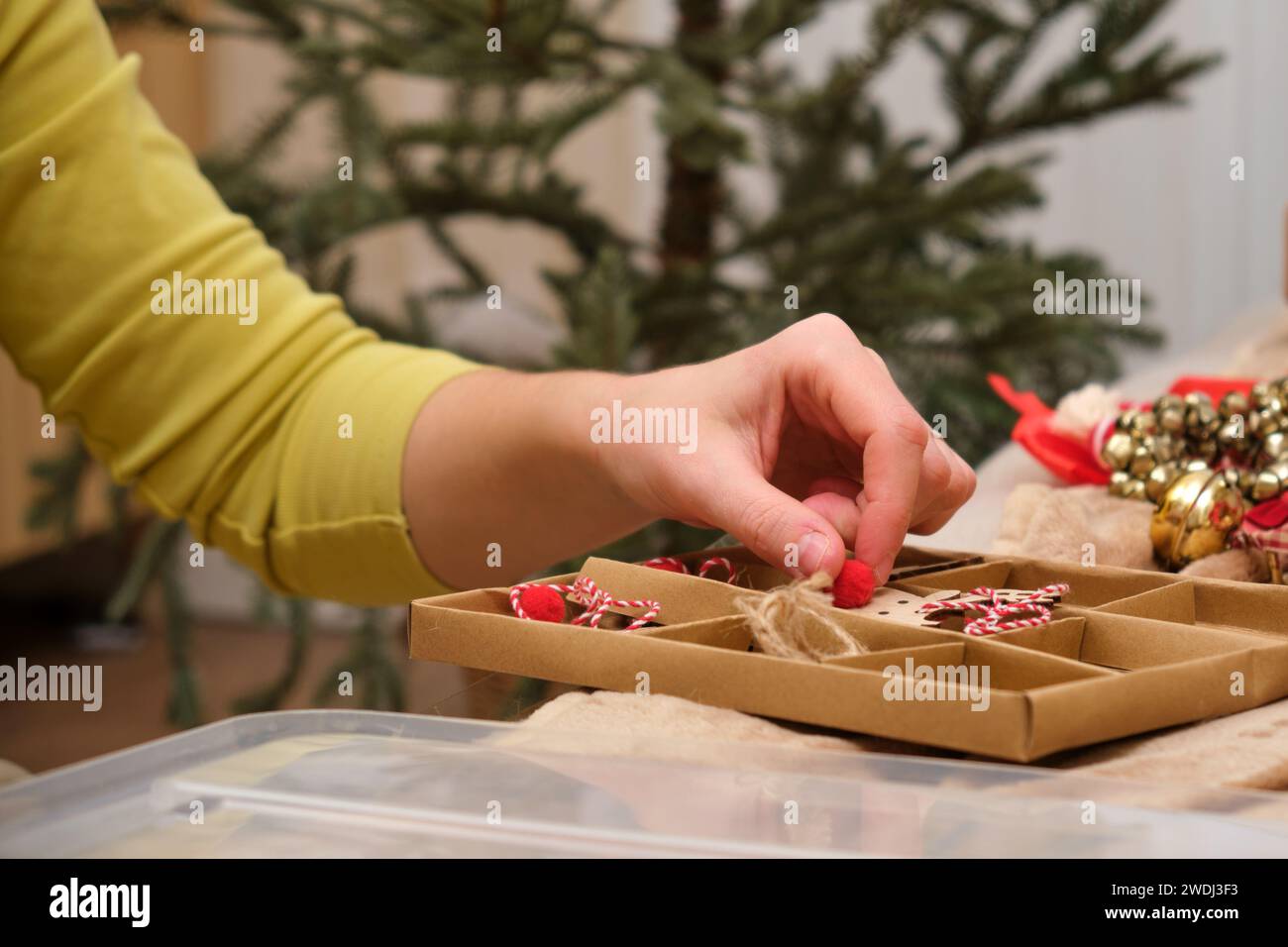 Cleaning up Christmas tree decorations in the home room after Christmas ...