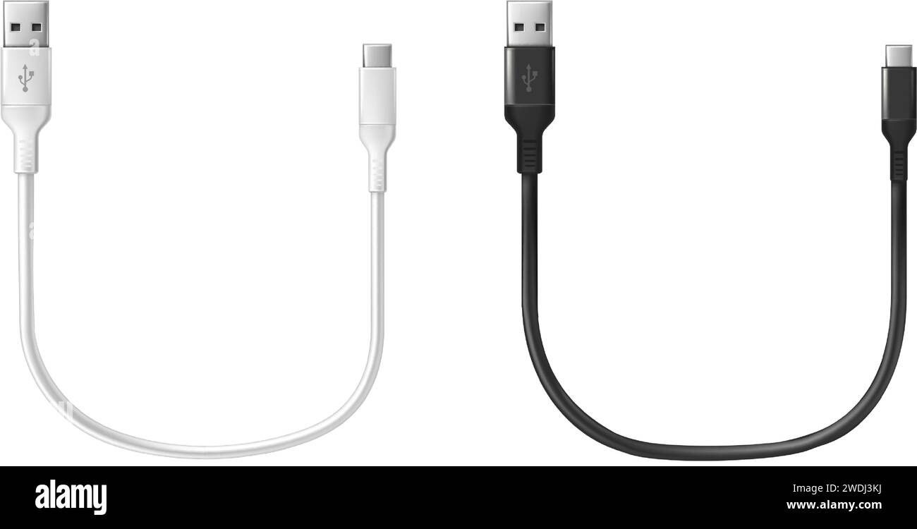 realistic vector icon. Black and white charging usb cabel. Isolated on ...