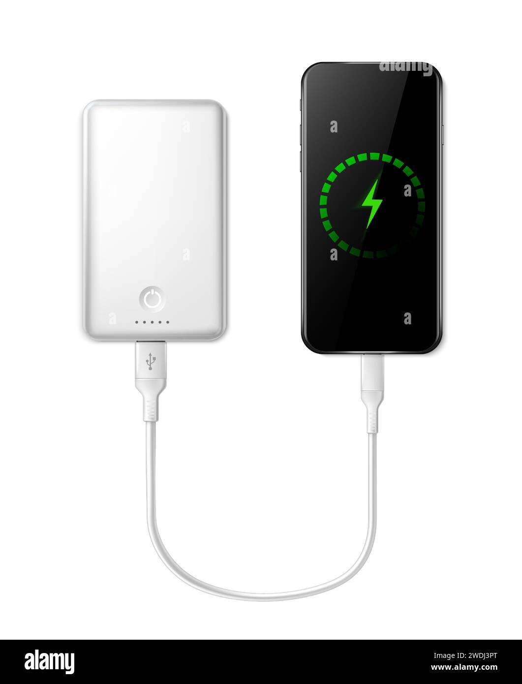 realistic vector icon. White power bank charging smartphone with ...