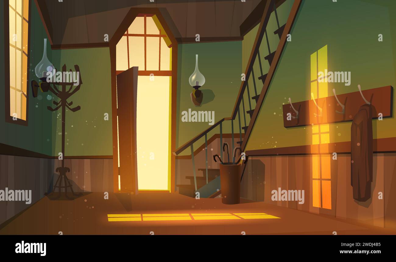 cartoon style illustration. House enstance with sun light and stairs ...