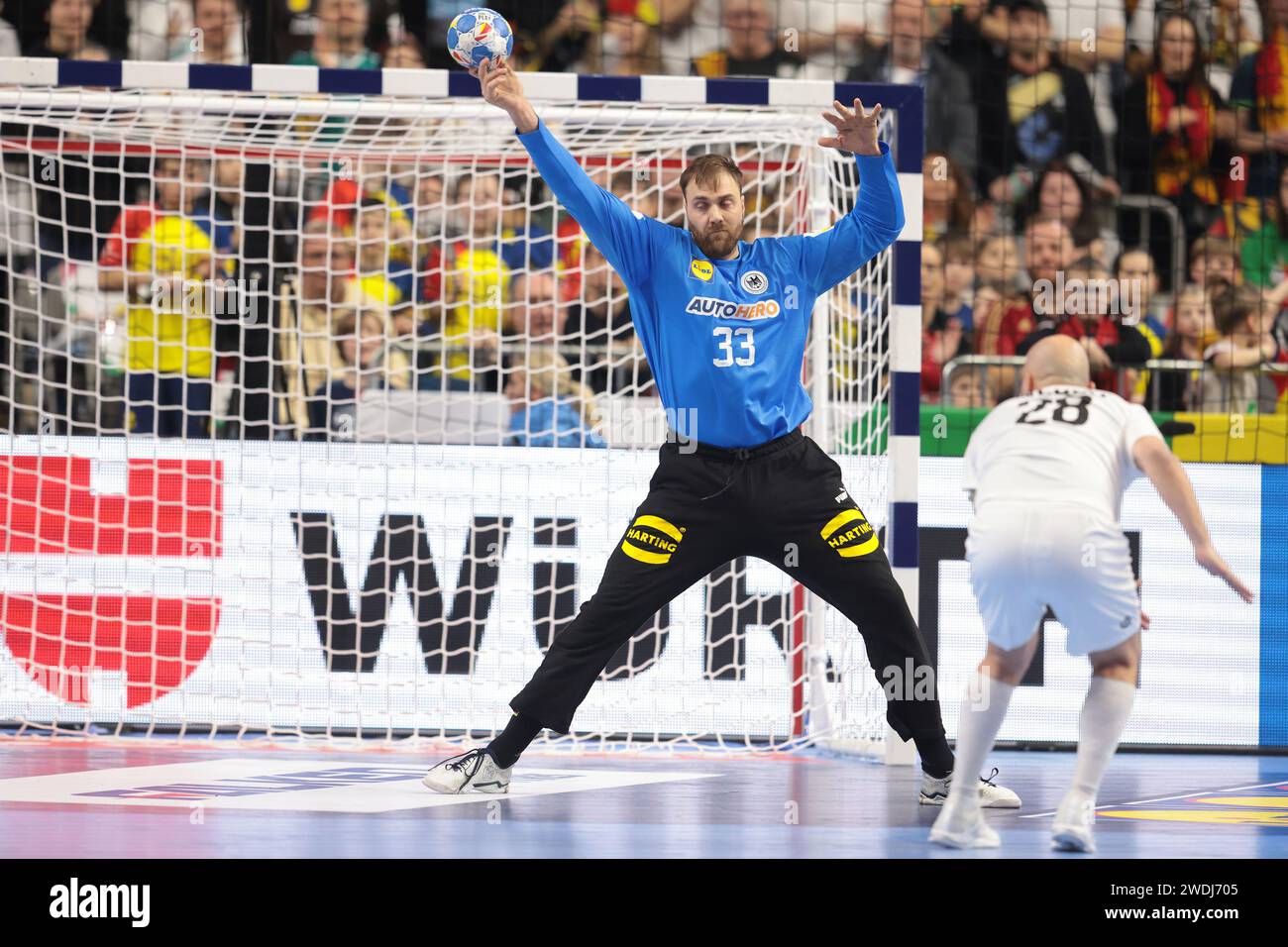 Andreas Wolff of Germany makes a save during the Men's EHF Euro 2024 ...