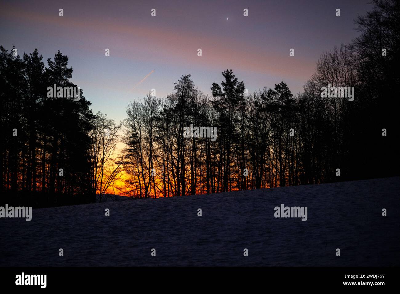 Staffelberg, Germany. 21st Jan, 2024. The sun rises behind the trees ...