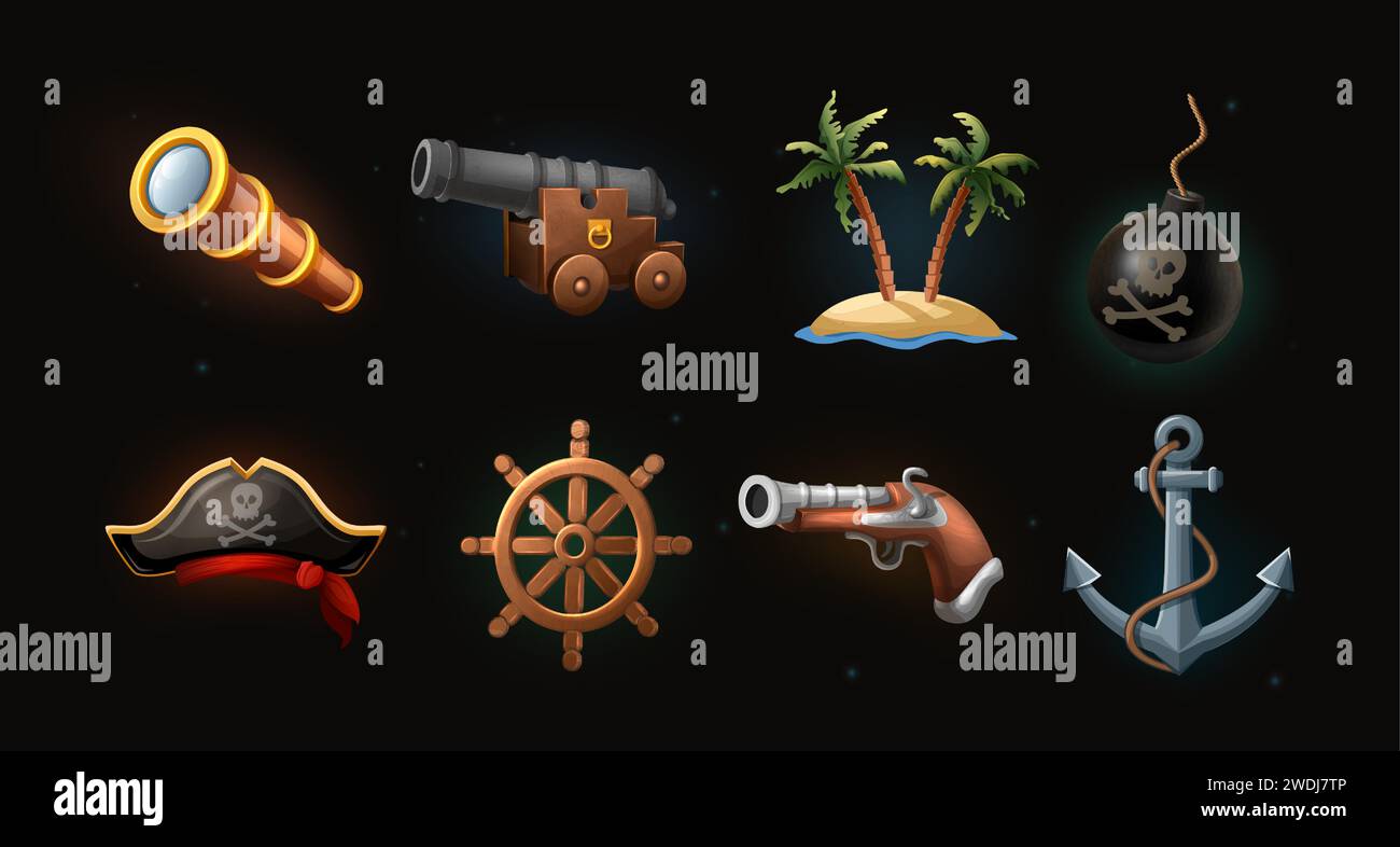 cartoon style 3d icons. Pirate concept. Binocular, gun machine, palms ...