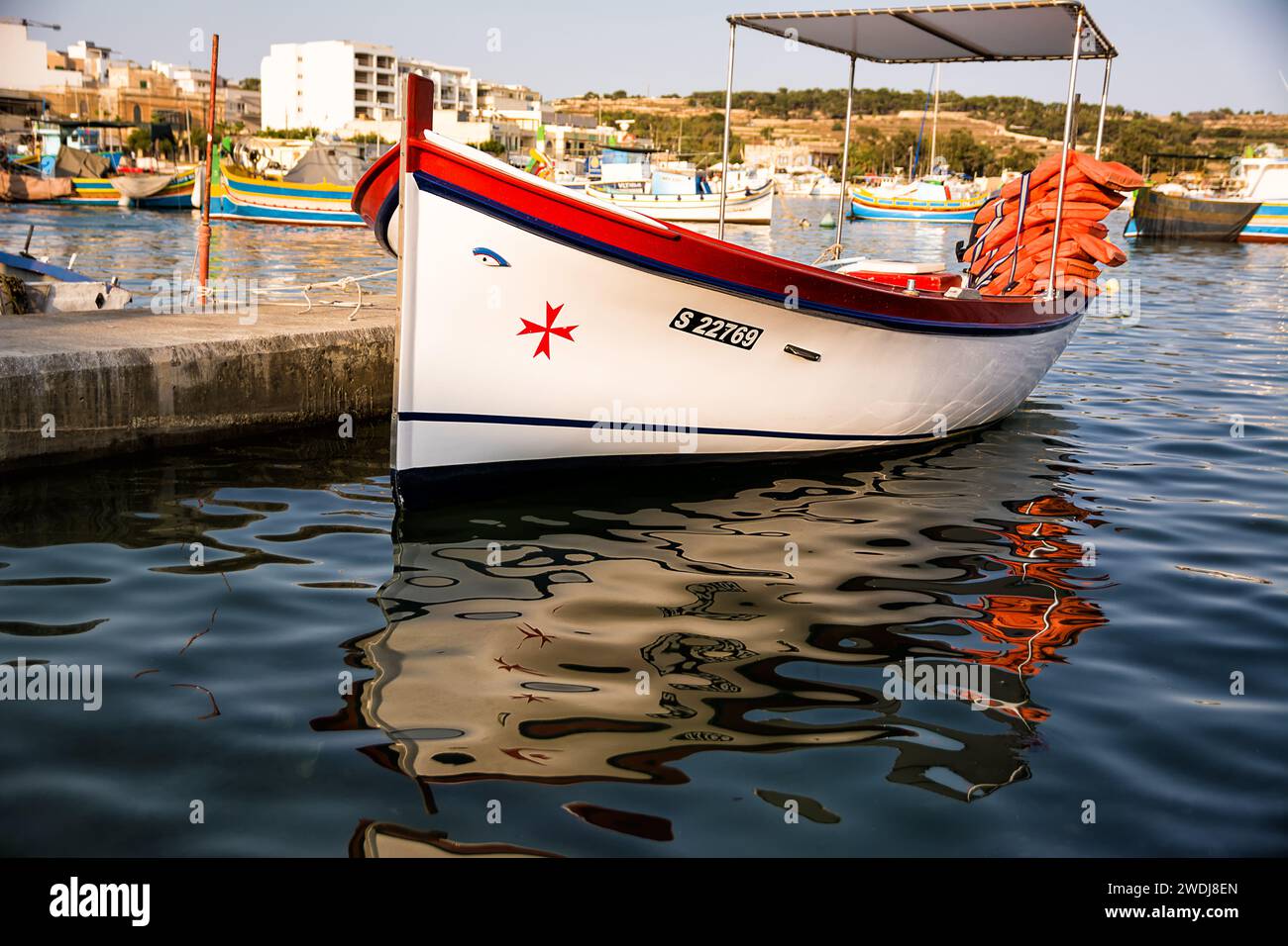 Marsaxlokk, Malta - 18 June 2023: typical Maltese boat, called luzzo ...