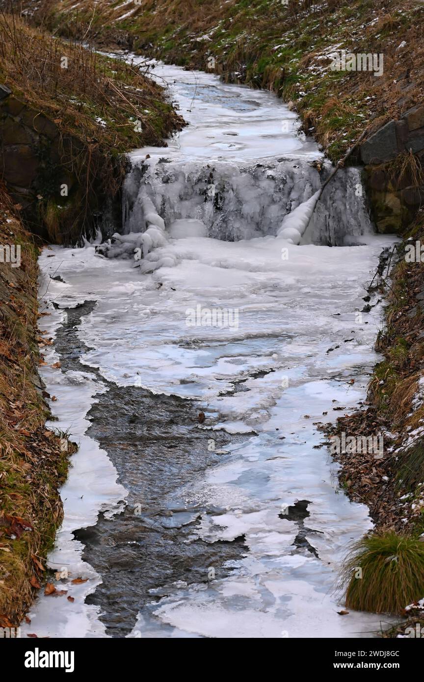 Frozen stream. Beautiful winter nature background. Frost, ice and snow ...