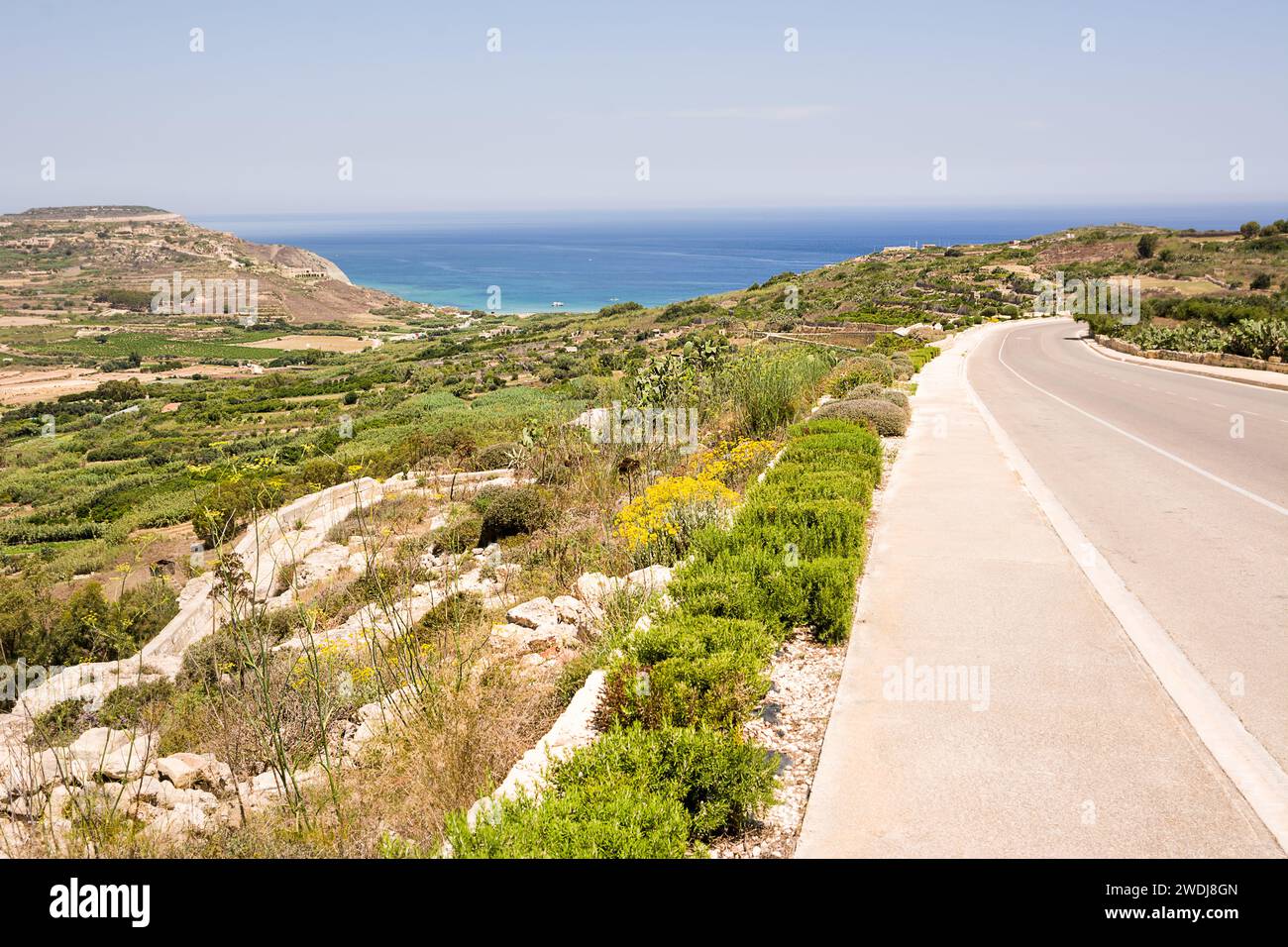 Road and panorama to Ramla beach on the island of Gozo in Malta Stock ...
