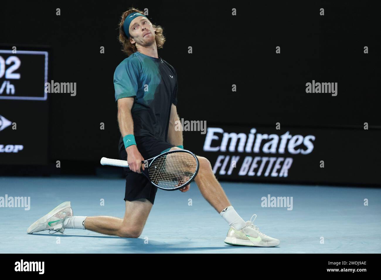 Andrey Rublev of Russia reacts during his fourth round match against Alex de Minaur of Australia ...