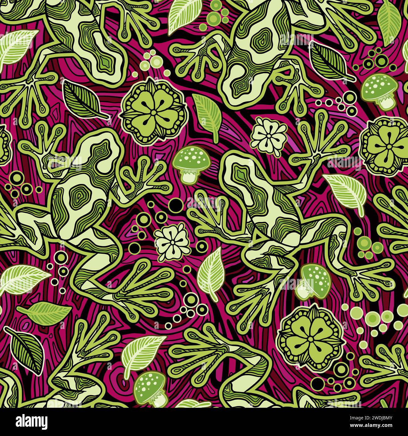 Hawaiian Green and Black Poison Dart Frog Psychedelic Seamless Pattern ...