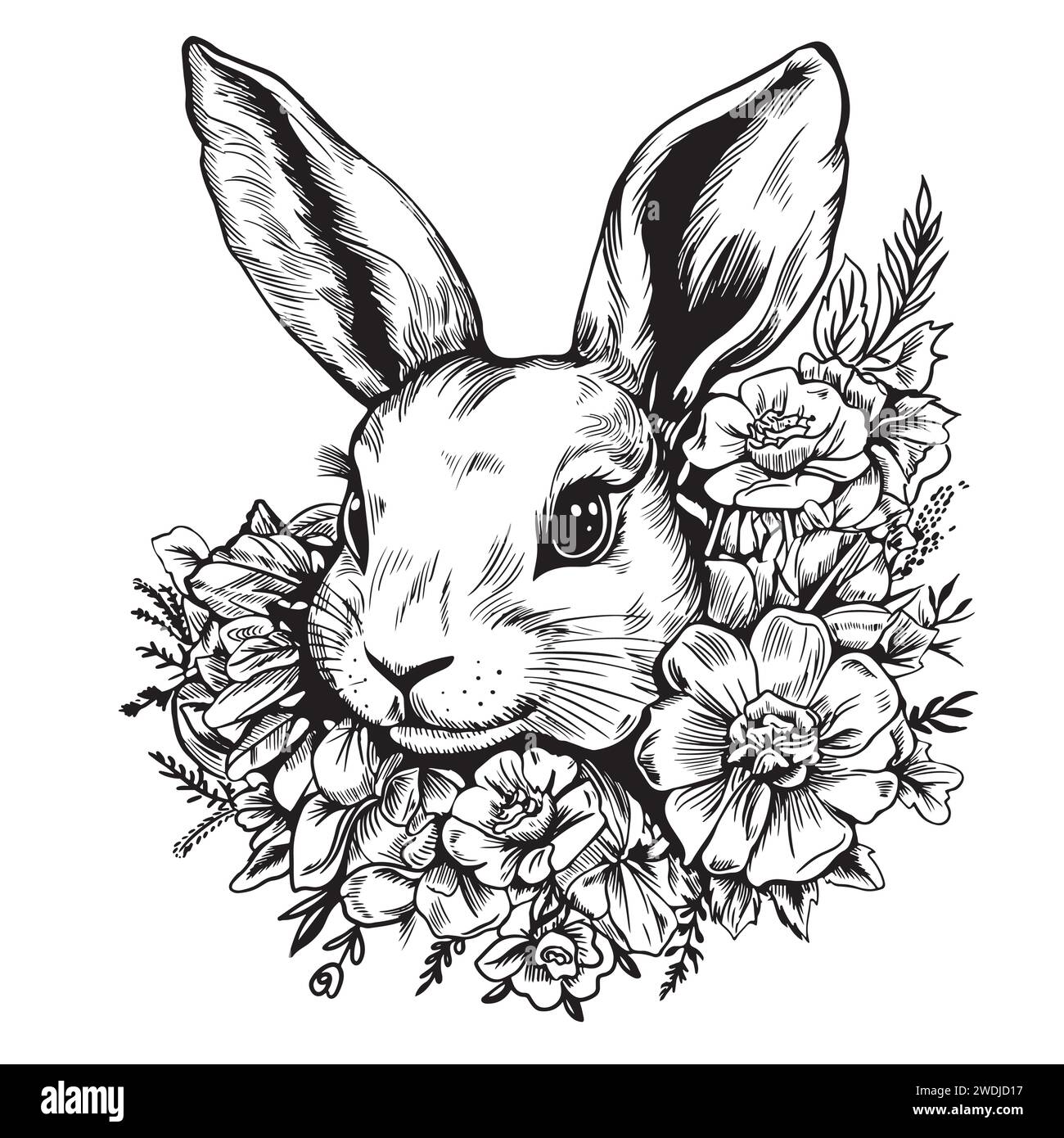 Rabbits Sitting In Flowers Sketch Hand Drawn In Doodle Style