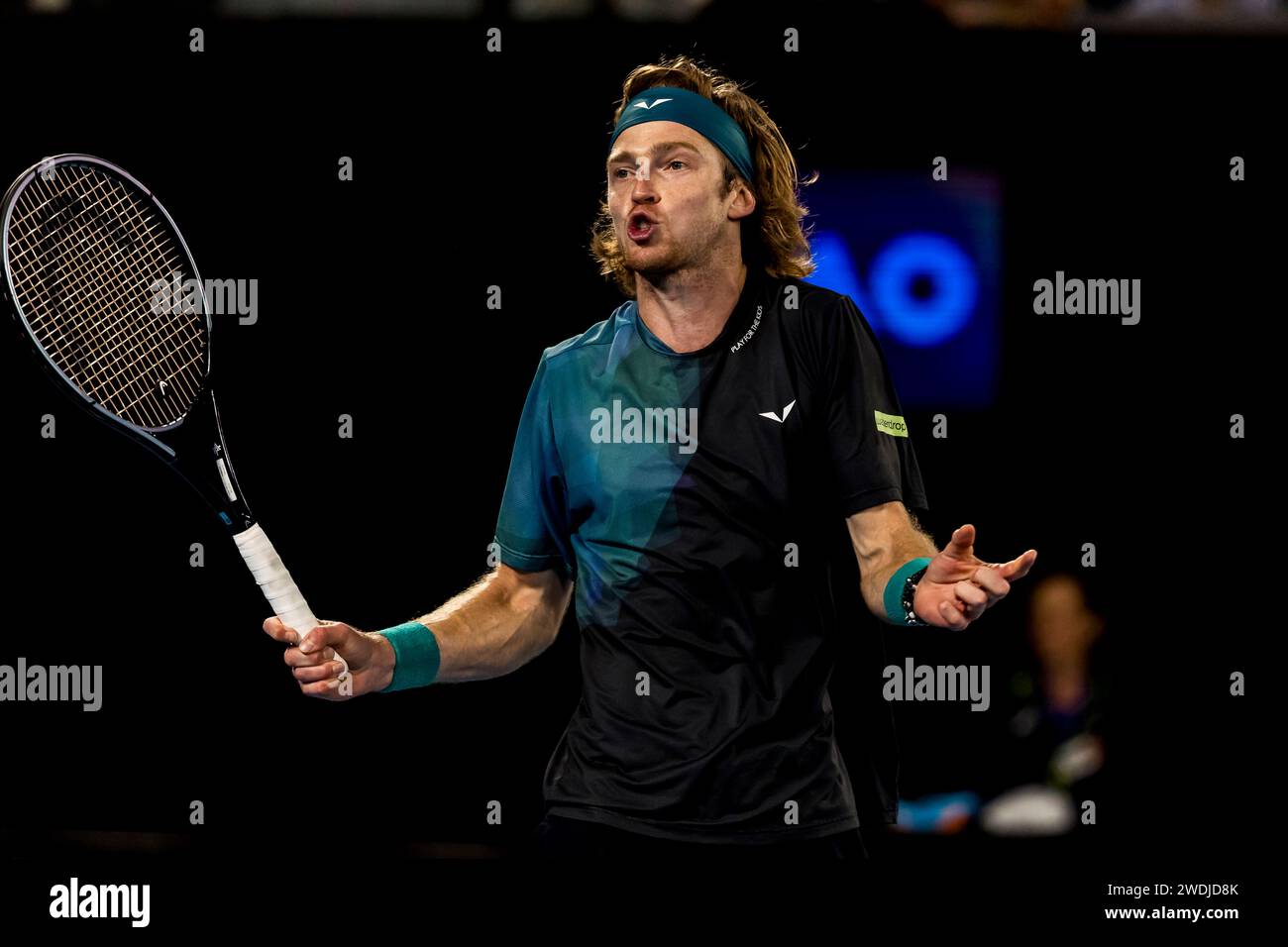 MELBOURNE, VIC - JANUARY 21: Andrey Rublev of Russia shows his ...