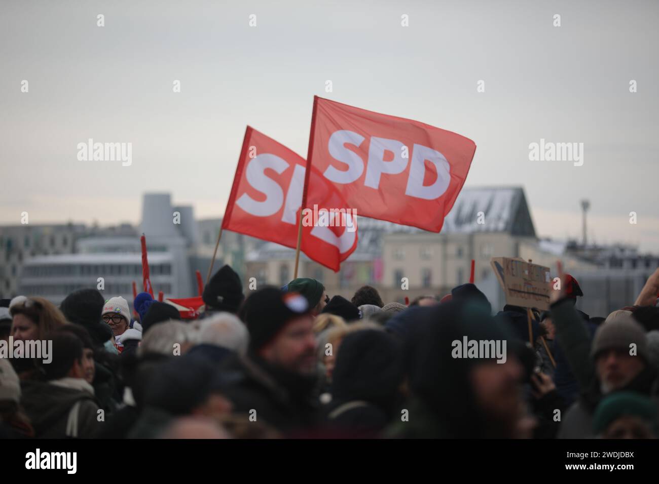 Cologne, Germany. 21st Jan, 2024. An SPD flag is waved at the ...