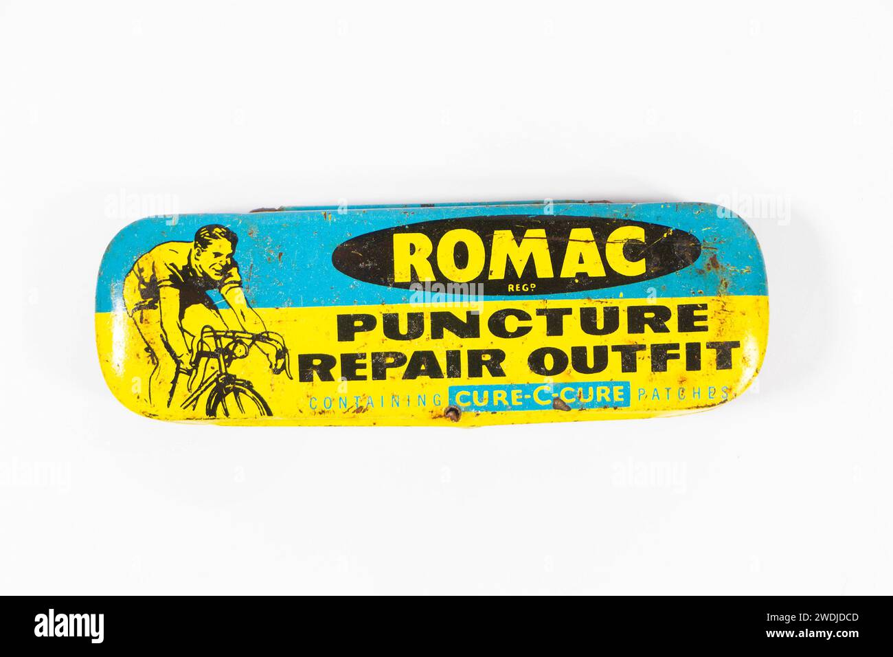 vintage tin box for Romac puncture repair kit outfit isolated on white ...