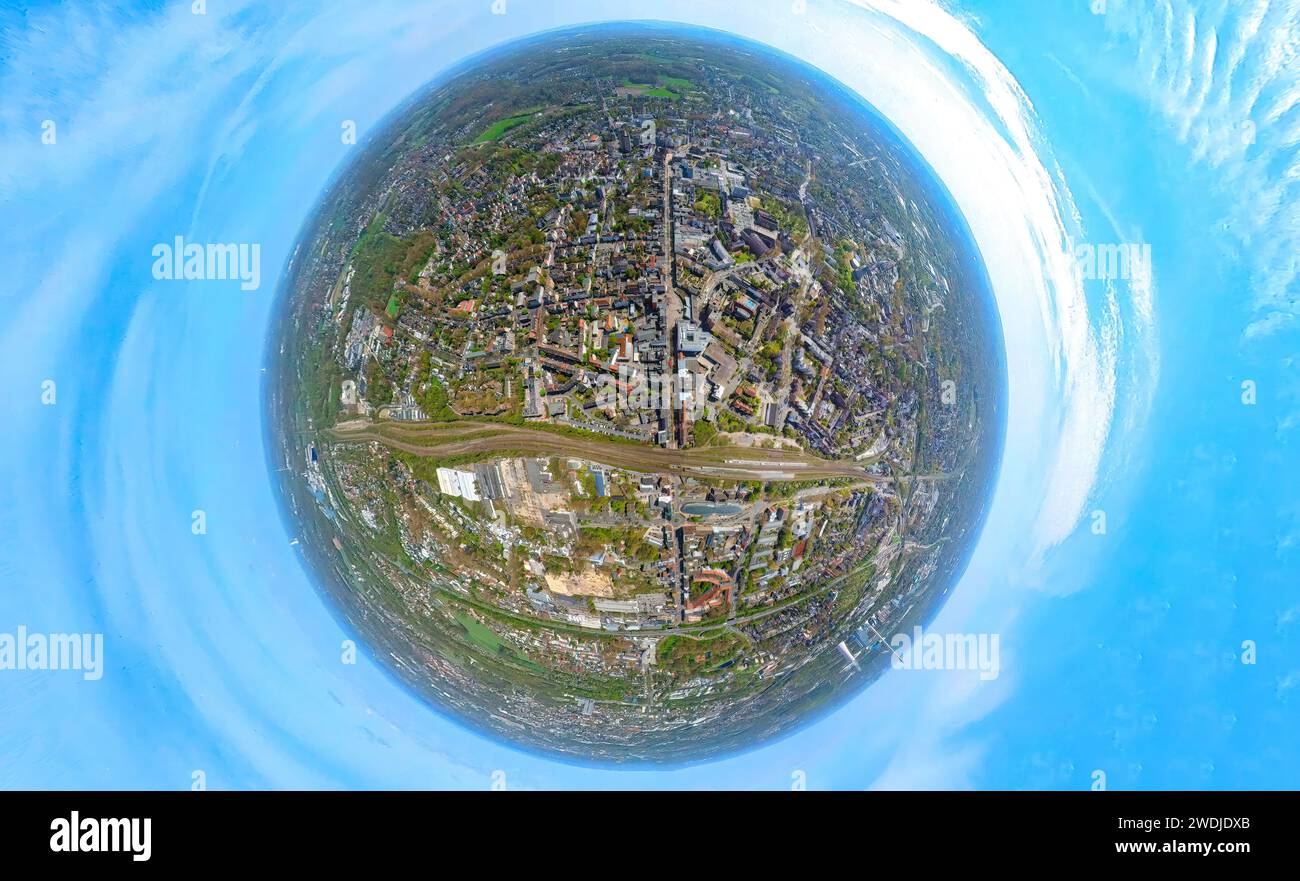 Aerial view, Herne Mitte Bahnhofstraße, railroad station, earth globe ...